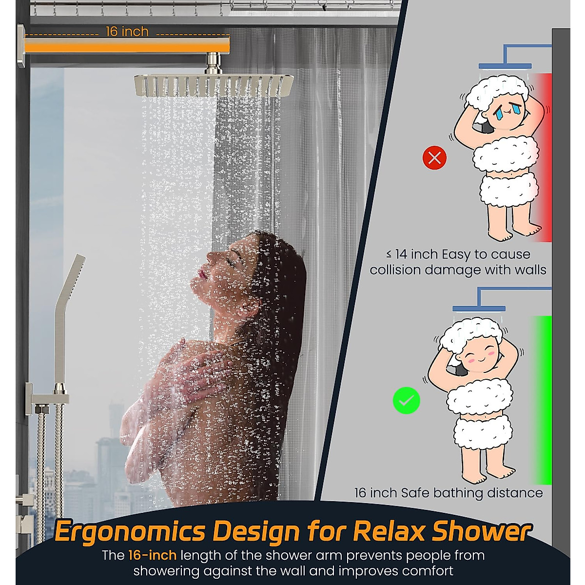 SR SUN RISE Shower Faucet Set Bathroom Square Rain Shower Head with Handheld Spray Wall Mounted Rainfall Shower Fixtures Brushed Nickel Shower Faucet Trim Repair Kits (Contain Shower Valve)