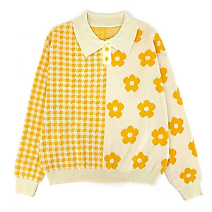 YEMOCILE Womens Kawaii Color Block Sweaters Cute Plaid Collared Pullover Jumper Sweatshirts Yellow