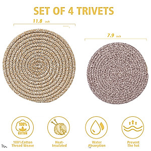 Trivet Round Hot Pads 4pcs 7.9 Inches*9.5inches Diameter 100% Eco Pure Cotton Thread Weave Trivets for Hot Pots and Pans/Kitchen Trivets for Hot Dishes Hot Pot Holders