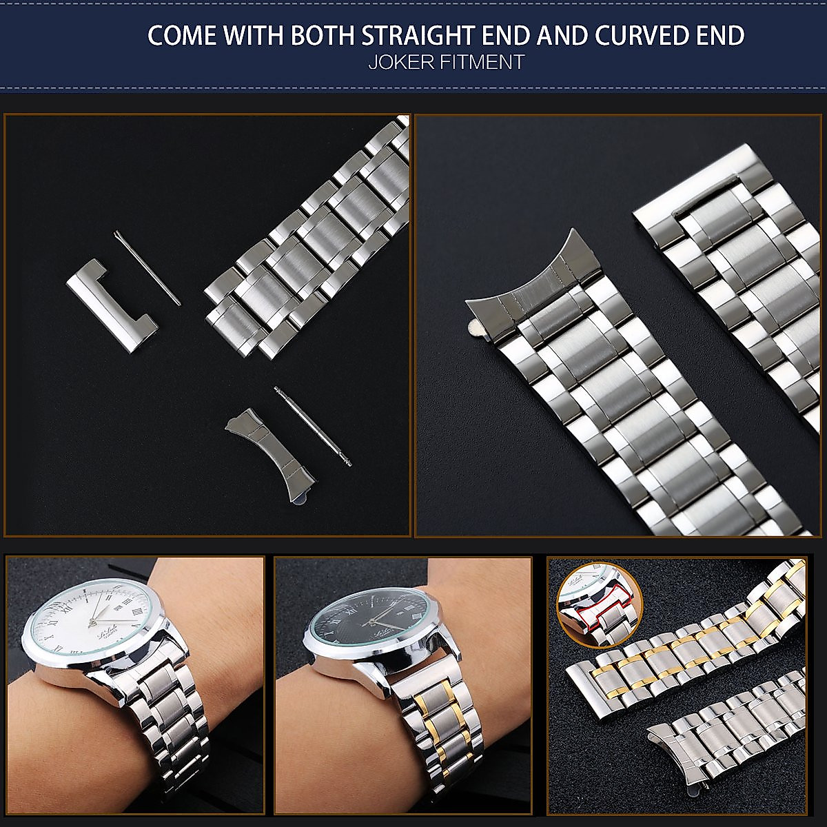 BINLUN Stainless Steel Watch Bands 12mm-24mm Universal Metal Replacement Watch Straps SmartWatch Bracelets Links Straight & Curved Ends Men Women 6 Colors(Silver,12mm)