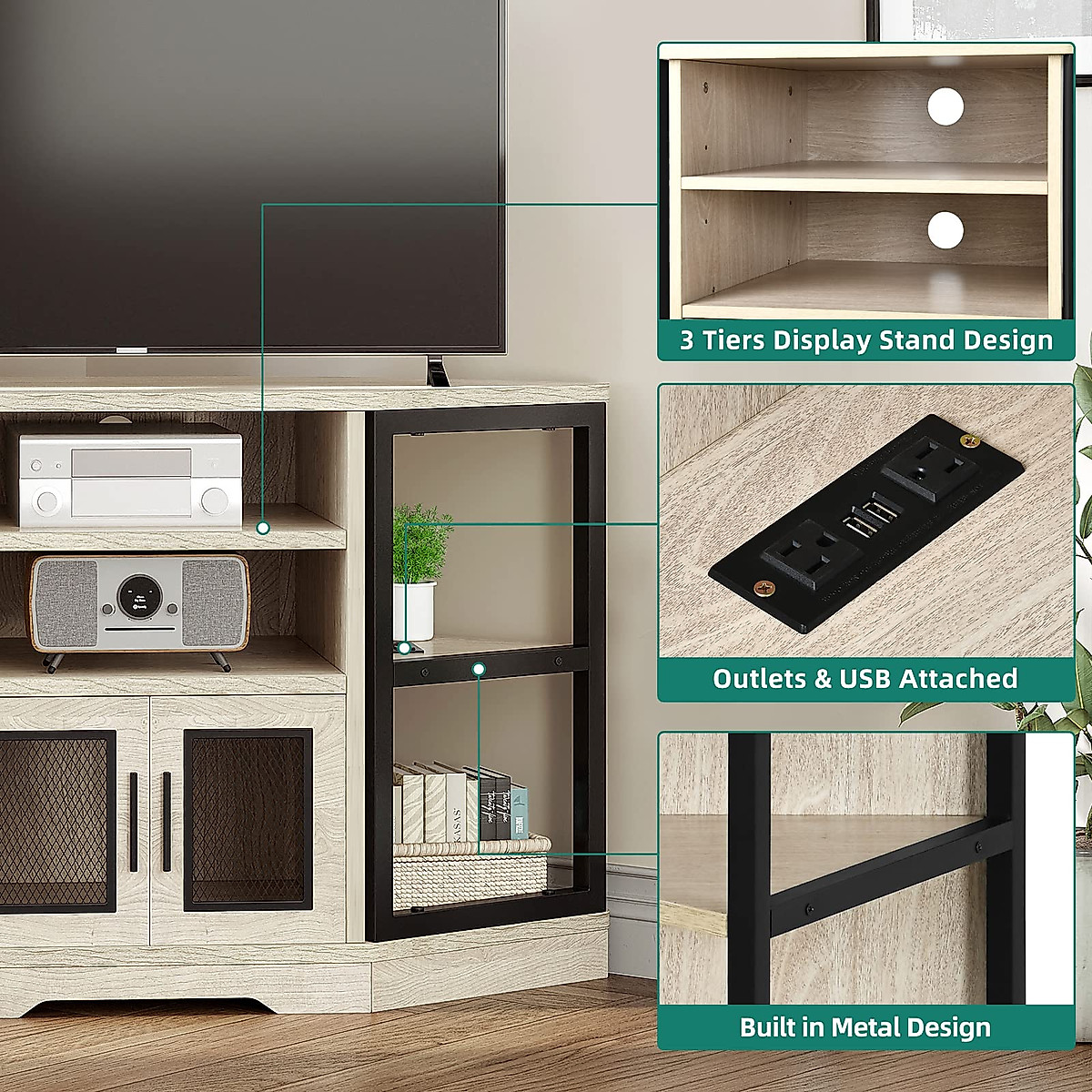 YITAHOME Corner TV Stand for TVs up to 55/50 Inch with Power Outlet, Modern Farmhouse Entertainment Center, Wood TV Media Console with Storage Cabinets Shelves for Living Room, White Oak