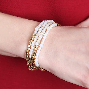 RIAH FASHION Delicate Boho Beaded Multi Layer Versatile Bracelets - Stackable Stretch Bangles Sparkly Crystal, Natural Stone (Delicate Natural Stone & Gold Mix)