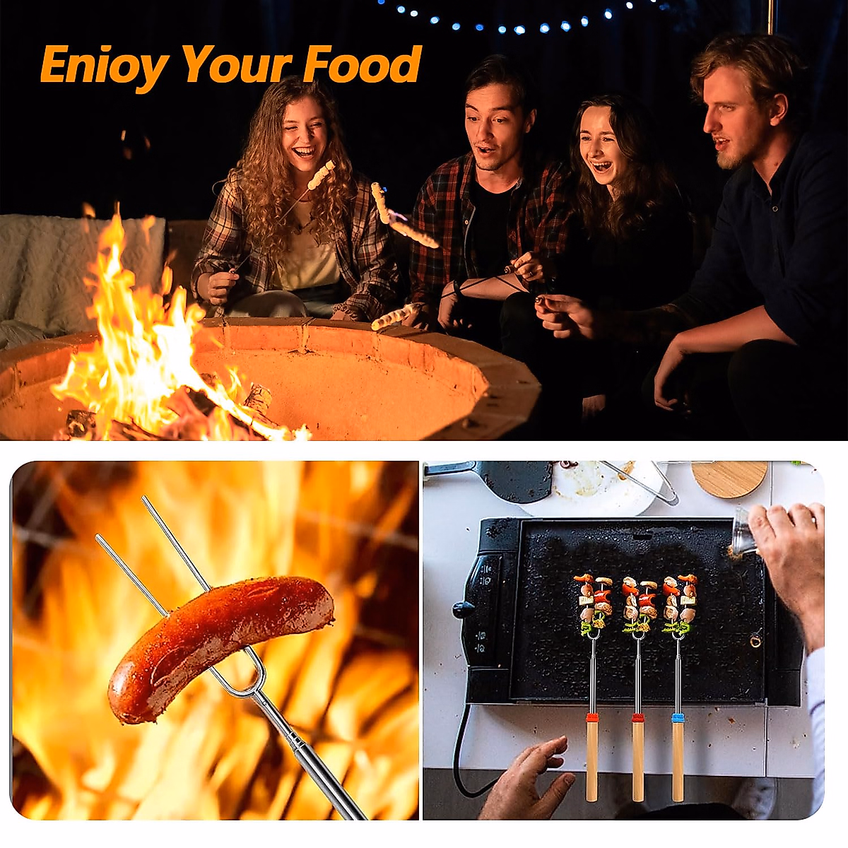 4Pcs Smores Sticks for Tabletop Fire Pit Long 32 Inch, S'mores Skewers Kit Marshmallow Roasting Sticks Hot Dog Fork, Camping Essentials Smores Maker Gear Outdoor Campfire Cooking Accessories