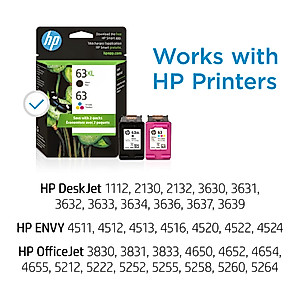 HP 63XL Black High Yield Original Cartridge & 63 Tri-Color Original Ink Cartridge, 2 Pack (L0R48AN)