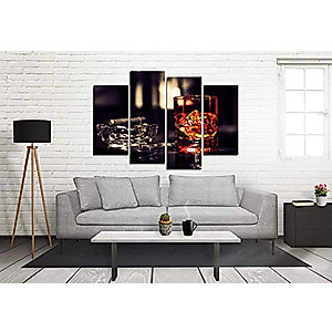 VVOVV Wall Decor - Brown Whisky In Cups With Ice Canvas Wall Art Print Wine Painting Framed Pictures Smoking Cigar Ashtray Poster Giclee Artwork Wall Decor Kitchen Bar