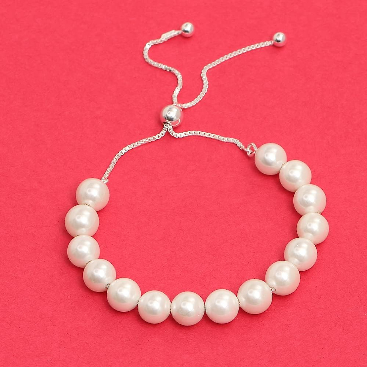 LeCalla Valentines Day Gifts 925 Sterling Silver Jewelry Sliding Pearl Bolo Bracelet for Women Teen