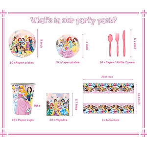 Princess Birthday Party Supplies Decorations for Girls Birthday Theme Tableware Includes Party Plates, Paper Cups, Knives, Forks and Spoons and Tablecloth