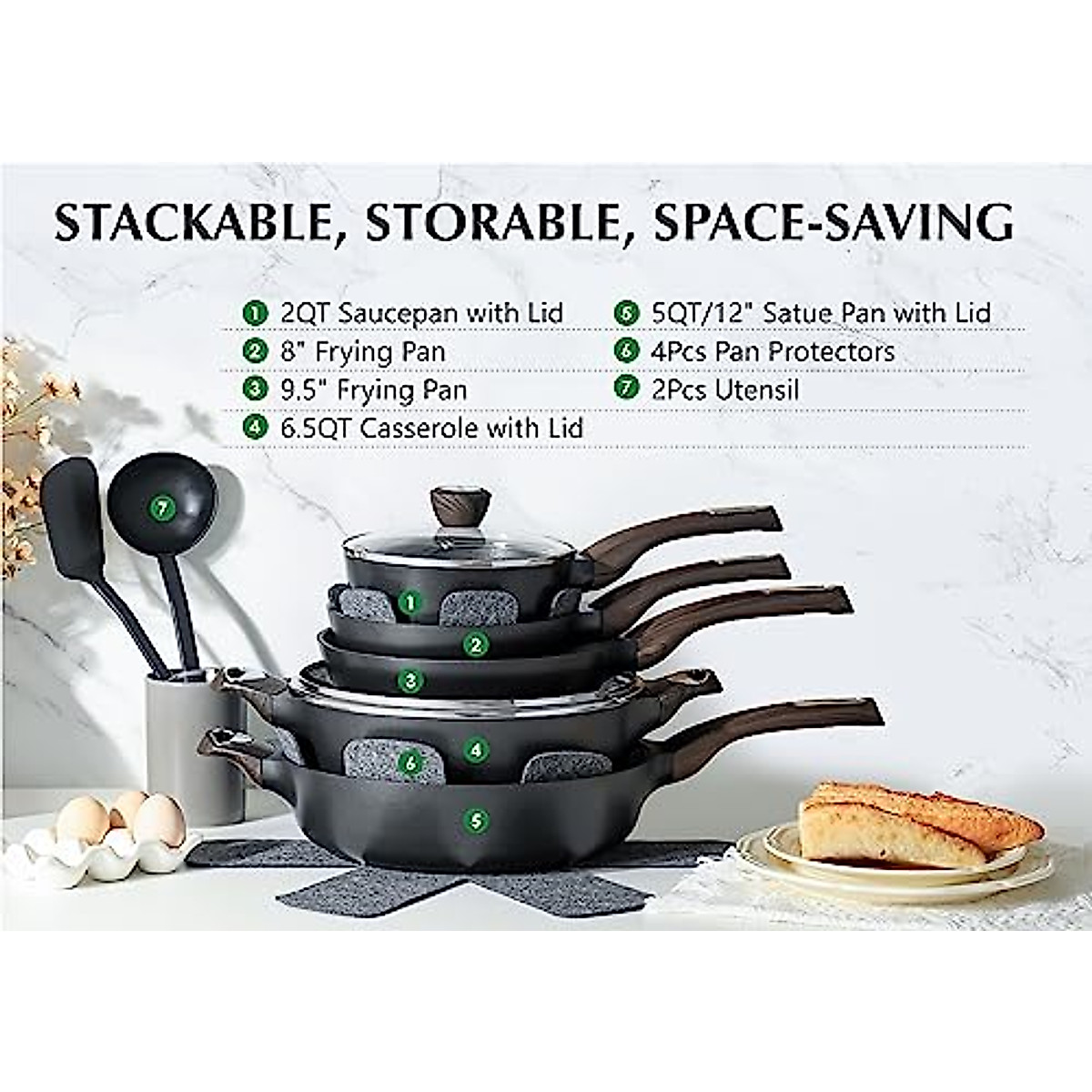 SENSARTE 14 Pcs Nonstick Cookware Sets, Pots and Pans Set with Glass Lids, Kitchen Induction Cookware Pots, Durable Non Stick Cooking Set with Stay Cool Handles, Healthy, Non Toxic, PFOA&PFOS Free