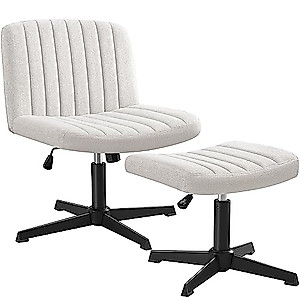 Flamaker Desk Chair No Wheels Arms, Armless Office Chair with Ottoman, Cross Legged Wide Fabric Padded Home Office Chair Task Chair for Living Room (Beige)