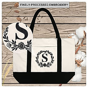 BeeGreen Initial Tote Bag for Women Mother Teacher Personalized Tote Bags for Wedding Beach 12oz Canvas Large Embroidery Monogrammed Gifts Bag w Front & Inner Pocket for Christmas(Letter S)