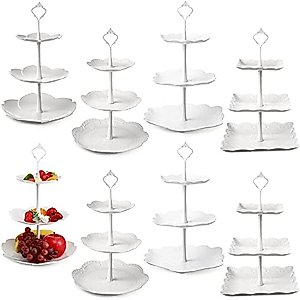 Potchen 8 Sets 3 Tier Cupcake Stand Plastic Tiered Serving Tray Round Flower Square Hexagonal White Dessert Table Display Set Candy Tower Pastry Holder for Party Wedding