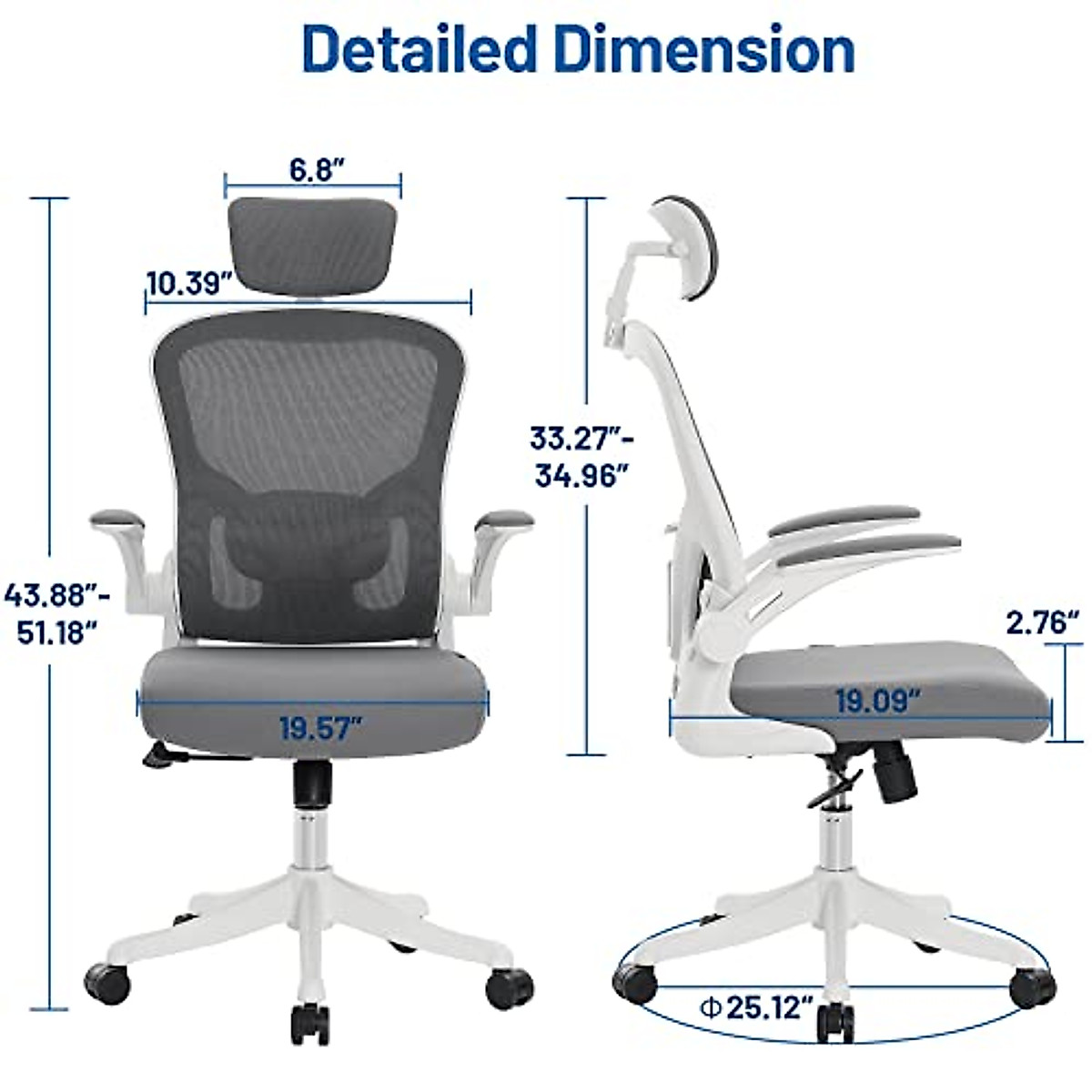 HOFFREE Ergonomic Office Chair High Back Executive Mesh Desk Chair with Adjustable Lumbar Support Headrest and Flip-up Armrest Swivel Task Chair for Home Office Chair Grey and White