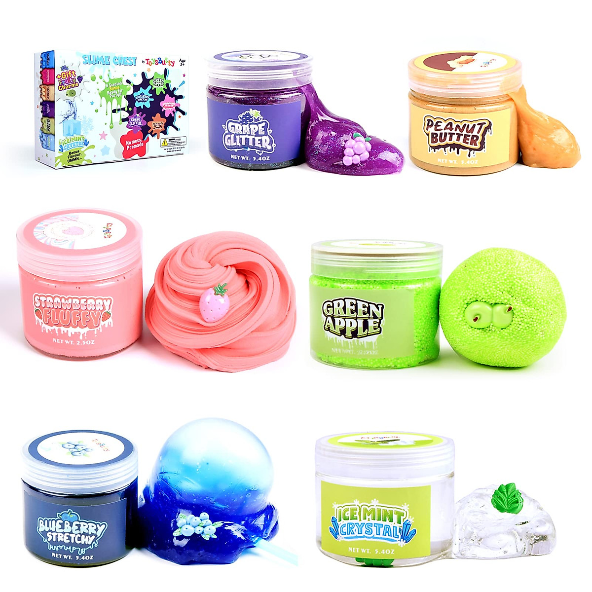 FINOCLAY Slime Kit for Girls Boys, 6 Different Scented Non Sticky Premade Slimes in 28 oz Container with Fruit Charms, Butter Glitter Clear Crystal Putty Gift for Kids Party Favors