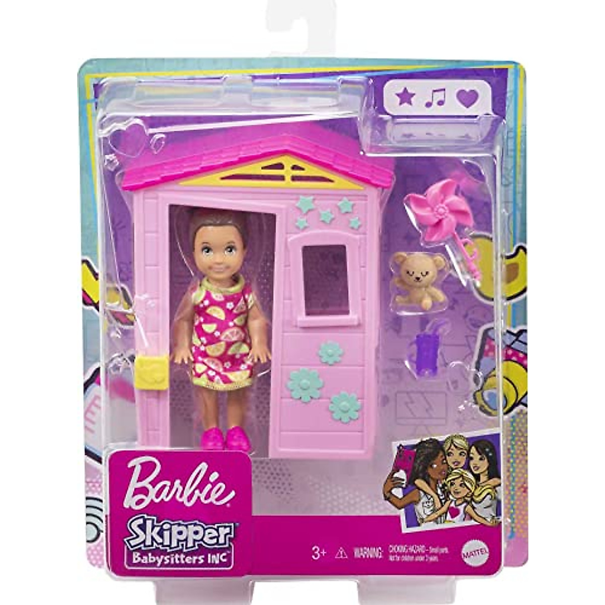 Barbie Skipper Babysitters Inc. Accessories Set with Small Toddler Doll & Pink Playhouse, Plus Pinwheel, Teddy Bear & Cup, Gift for 3 to 7 Year Olds