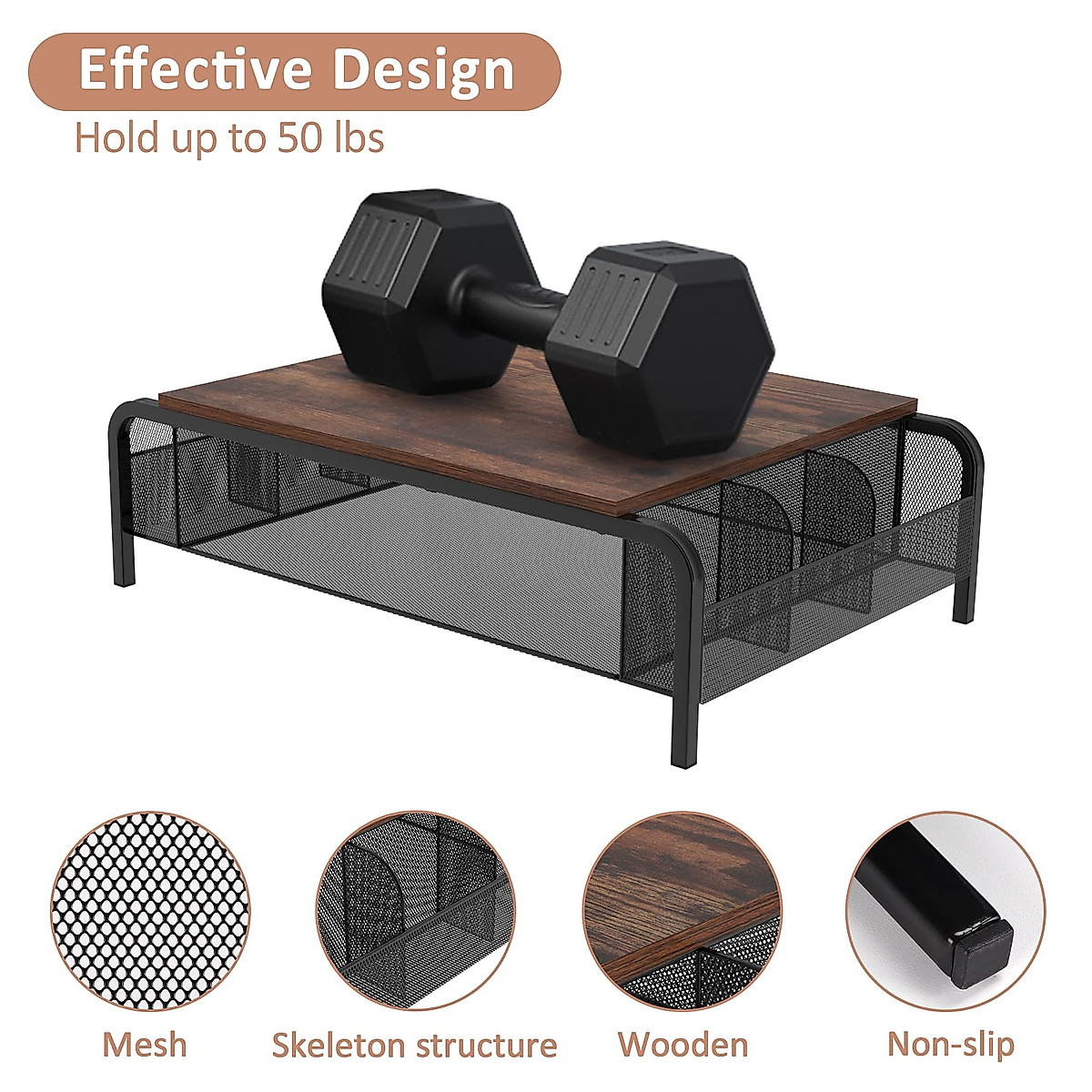 Trwcrt Metal Desk Monitor Stand Riser with Organizer Drawer, Rustic Monitor Riser for Computer, Small Printer, Laptop, Black and Brown