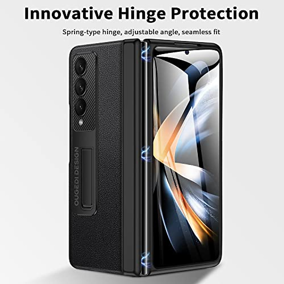 spoovcto for Samsung Galaxy Z-Fold-4 Case: Spring Hinge Protection & Kickstand Dual Layer Protective with Built-in Screen Protetctor Phone Case for Galaxy Z Fold 4 5G 2022 (Lychee Pattern-Black)