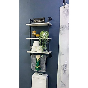 ROGMARS Industrial Pipe Shelving Bathroom Pipe Shelves with Towel Bar,3 Tier 24 inch Retro White Rustic Farmhouse Pipe Industrial Wall Shelves Bathroom Shelves Over Toilet for Storage