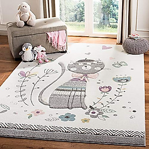SAFAVIEH Carousel Kids Collection Accent Rug - 4' x 6', Ivory & Pink, Cat Design, Non-Shedding & Easy Care, Ideal for High Traffic Areas for Boys & Girls in Playroom, Nursery, Bedroom (CRK187A)