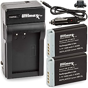 Ultimaxx Rapid Travel Charger with 2X NB-13L Extended Life Battery (1600mAh) for Canon PowerShot G1 X Mark III, G5 X, G7 X, G7 X Mark II, G9 X, G9 X Mark II, SX620 HS, SX720 HS, SX730 HS, SX740 HS