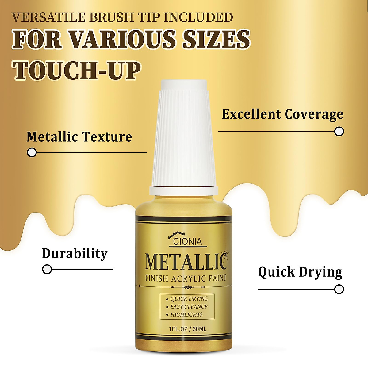 CIONIA Gold Metallic Acrylic Paint, Gold Leaf Touch-Up Paint for Wood, Metal, Arts & Crafts, Home & Wall Decor - Water-Based, Non-Toxic, Odorless, Non-Fading Formula for Long-Lasting Brilliance(1 Fl Oz,Antique Gold)