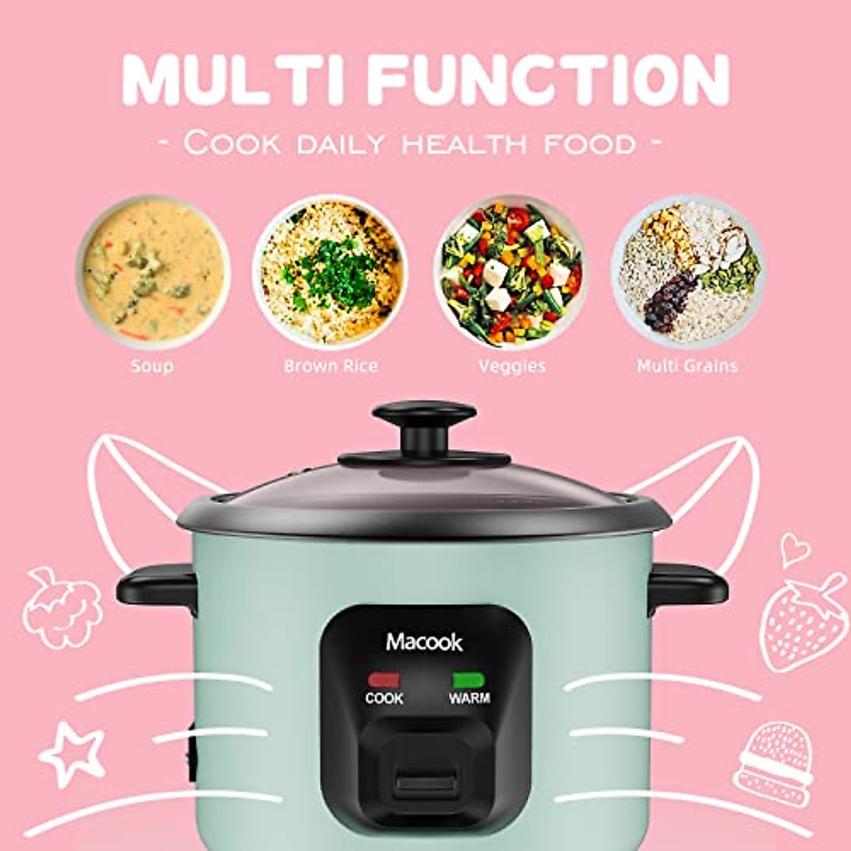 Macook Mini Rice Cooker Small Rice Cooker 3 Cup, Portable Travel Rice Cooker, Auto Keep Warm, Dishwasher Safe, Aqua