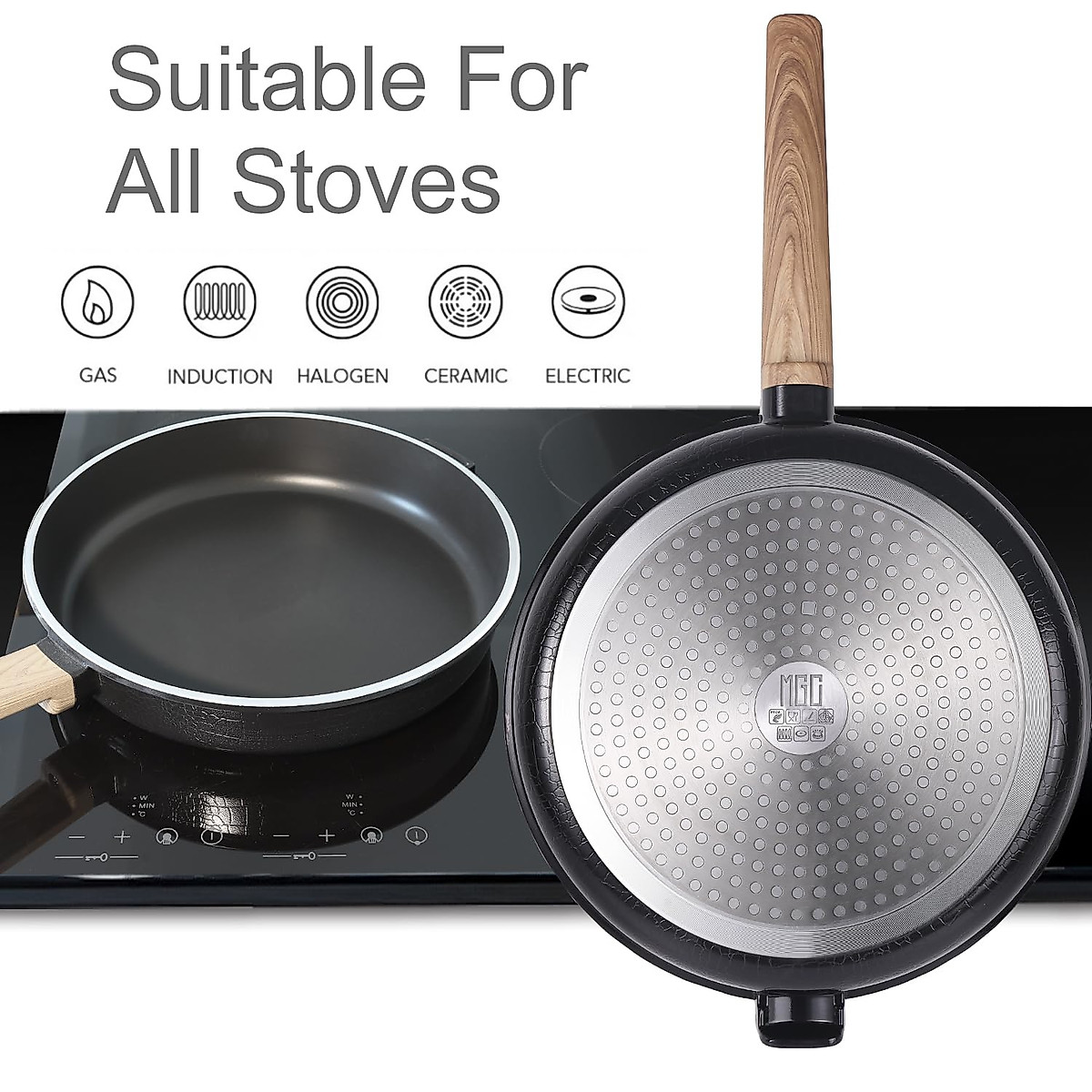 MGC Ceramic Pan With Lid, PFOA&PTFE Free Non Stick Frying Pans,Oven and Dishwasher Safe, Compatible with All Stovetops (Black, 8Inch)