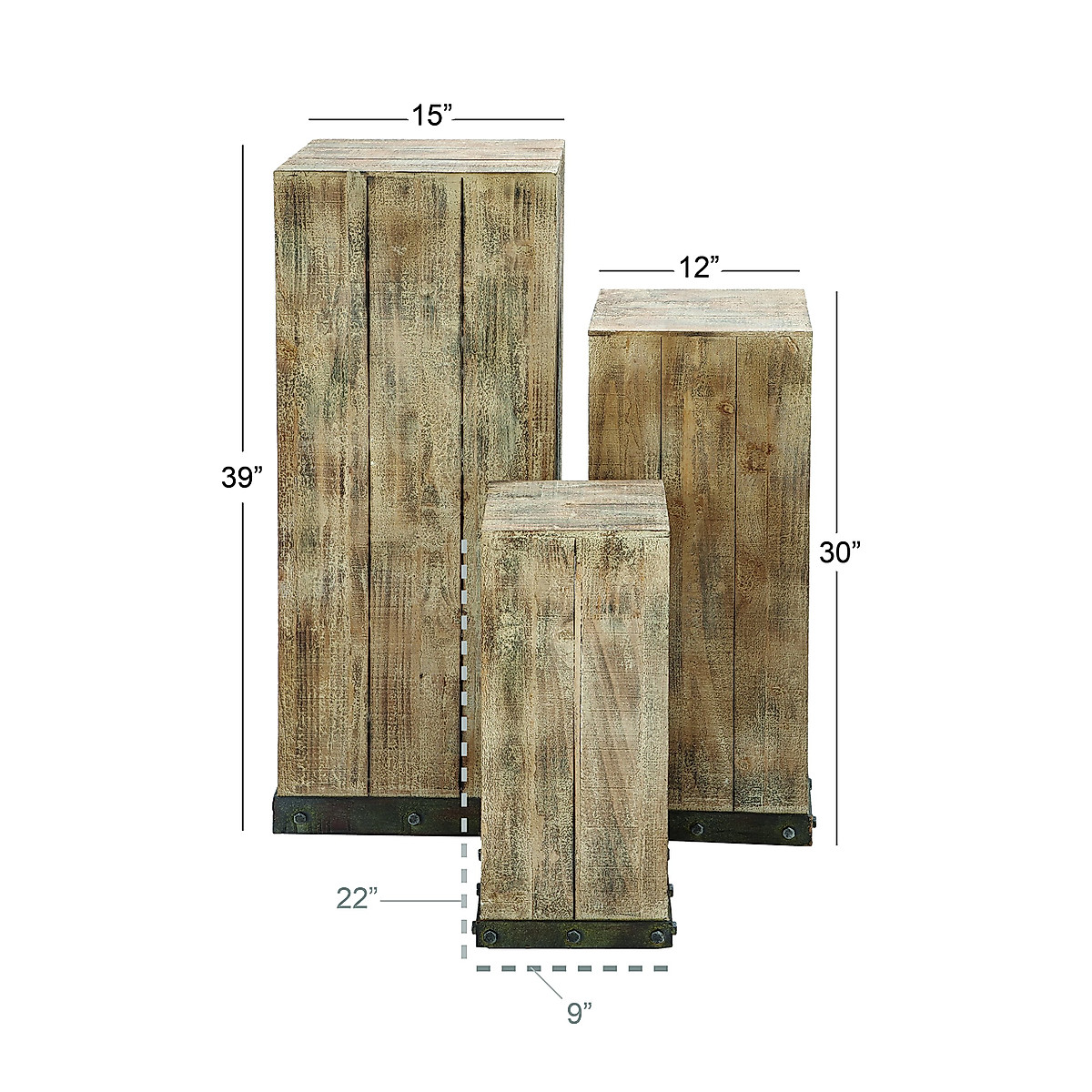 Deco 79 Rustic Wood Square Pedestal Table, Set of 3 39", 30", 22"H, Brown