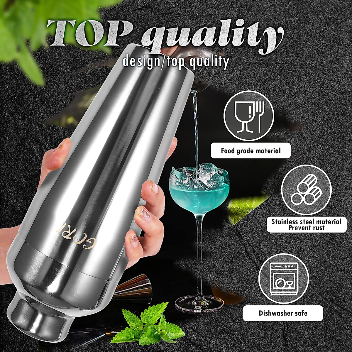 Bartender Kit, Cocktail Shaker Set for Drink Mixing,Bar Set with Silicone Pad,Bar Tools with Stand,Martini Shaker, Jigger, Strainer, Bar Mixer Spoon, Tongs, Opener