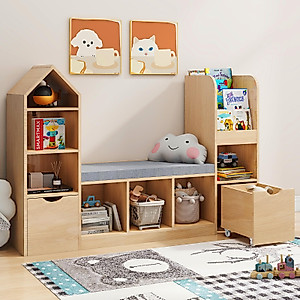 Halitaa Kids Bookcase and Bookshelf with Reading Nook, Toy Storage Organizer for Kids, Oak Bookcase with 7 Storage Cubbies 2 Movable Drawers and Seat Cushion for Kids Room, Playroom, Bedroom