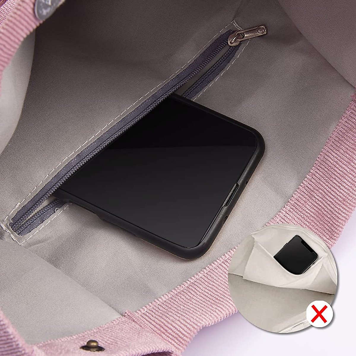 Diesisa Tote bag, 2-Pack Canvas Tote bag for women + Purse, Reusable Corduroy Tote Bag Shoulder Bag with inner zipper pocket for women girls Gift - White+Pink