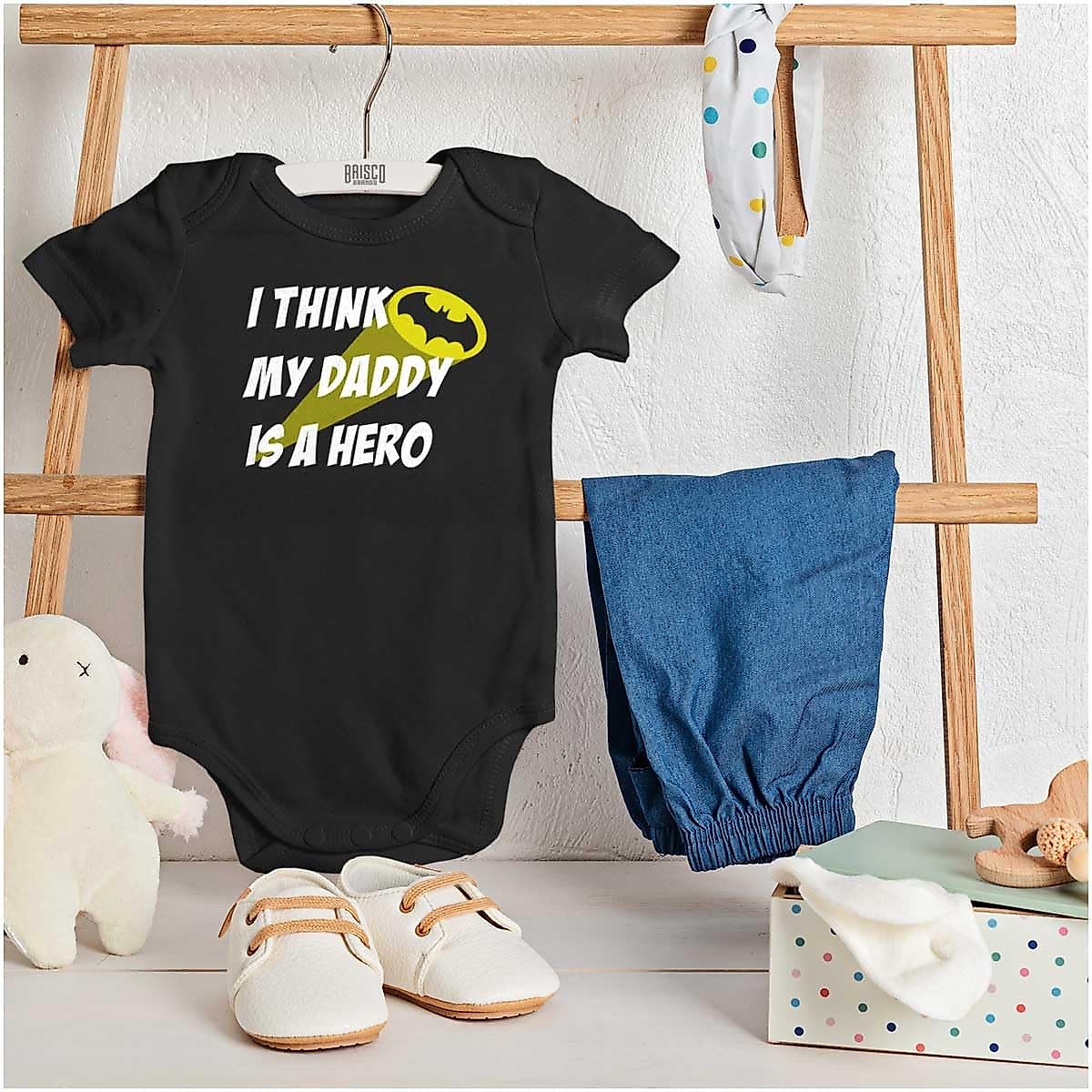Brisco Brands I Think My Daddy is a Hero Superhero Baby Romper Boys or Girls