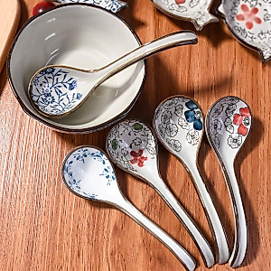 Japanese and Korean Ceramic Soup Spoons set of 5, Hand-Painted, Curved Spoons, Long Handle Rice Spoons