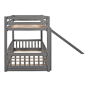 Twin Over Twin Low Bunk Bed for Kids, Ladder and Slide Can Be Interchanged or Remove, Solid Wood Bunk Bed Can Be Converted into Loft Bed (Gray + Fence Can Be Deleted)