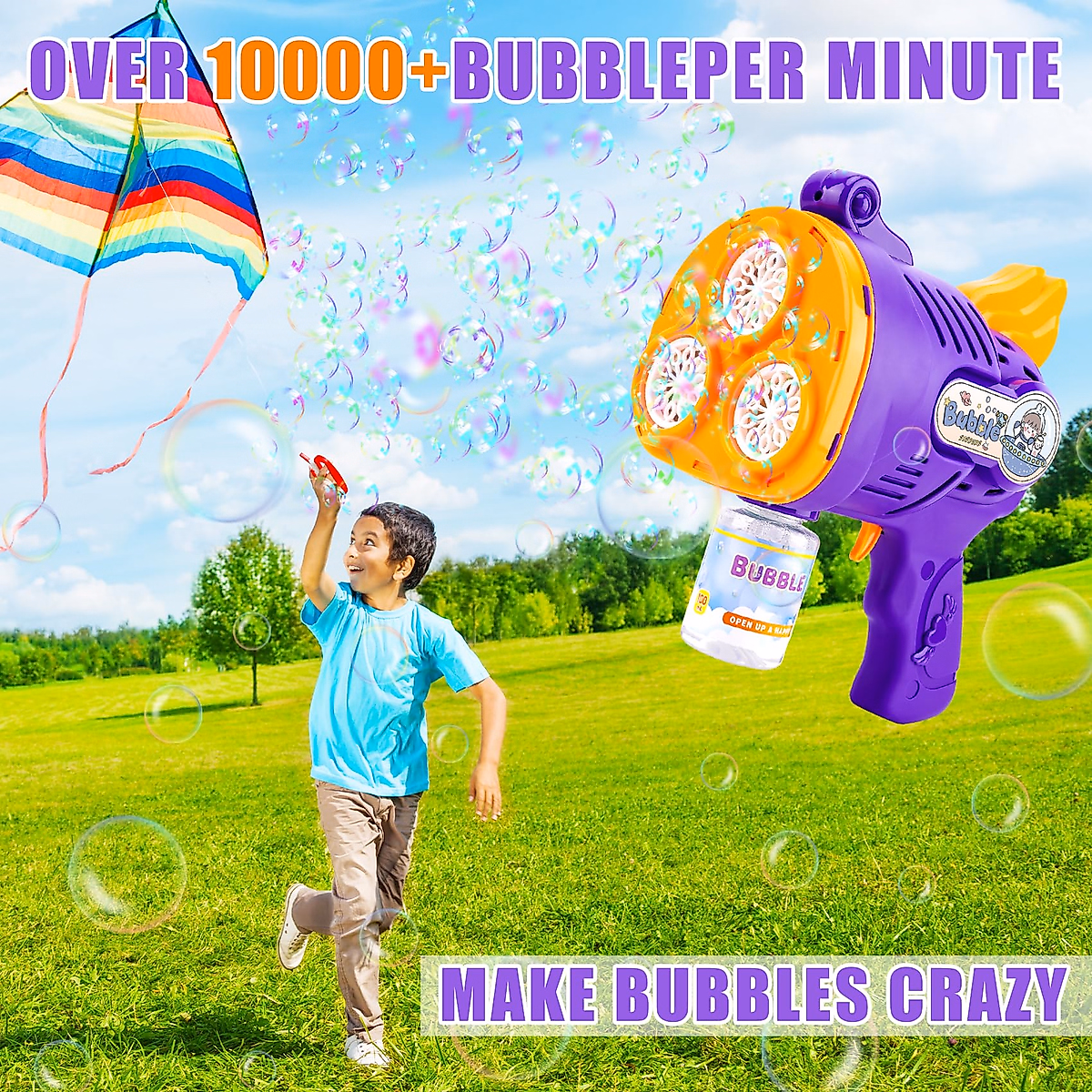 KunisJoy Bubble Machine Gun,30 Holes Automatic Bubble Gun for Toddlers 1-3,Over 10000+ Bubbles/Min with light 2 Bottles Bubble Solution,Summer Outdoor Toys for Kids,Birthday Wedding Party Toy (PURPLE)