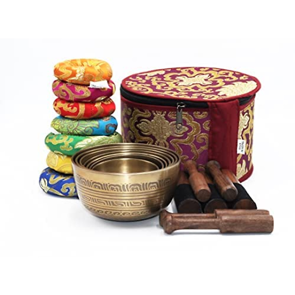 SANSKAR NEPAL Tibetan High Sided Singing Bowl Set in a Purple Carry Box for Meditation, Yoga, Relaxation (7 Sets with diameter ranging 3" - 5")