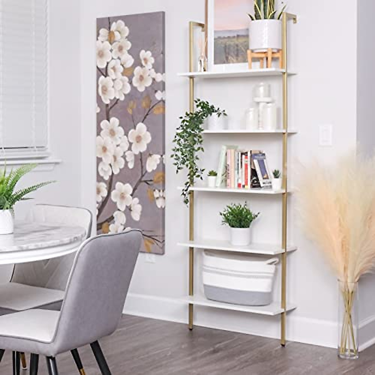 SUPERJARE Modern Ladder Shelf, 5-Tier Open Wall-Mounted Bookshelf with Stable Metal Frame, 72 Inches Storage Rack Shelves, Stand Bookcase for Home Office - White/Gold