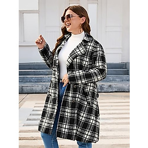 Hanna Nikole Women's Long Double Breasted Trench Coat with Belt Plus Midi Length Black Plaid Overcoat 3X