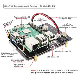 Geekworm X820 V3.0 2.5“ SATA HDD/SSD Storage Expansion Board, USB 3.0 Mobile Hard Disk Module for Raspberry Pi 3 B+/3B&2.5 Inch SATA HDD/SSD