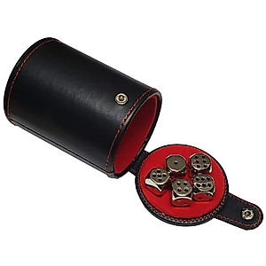 Cyber-Deals Set of Dice Cup Black PU Leather with Storage Compartment Red Felt Lined + 16mm Zinc Alloy Metal Dice, Gift Boxed (Nickel, Black)
