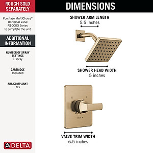Delta Faucet Velum 14 Series Single-Function Gold Shower Faucet Set, Valve Trim Kit, Shower Handle, Delta Shower Trim Kit, Shower Set, Champagne Bronze T14237-CZ (Valve Not Included)