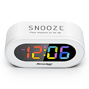 REACHER Small Colorful LED Digital Alarm Clock with Snooze, Simple to Operate, Full Range Brightness Dimmer, Adjustable Alarm Volume, Outlet Powered Compact Clock for Bedrooms, Bedside, Desk, Shelf