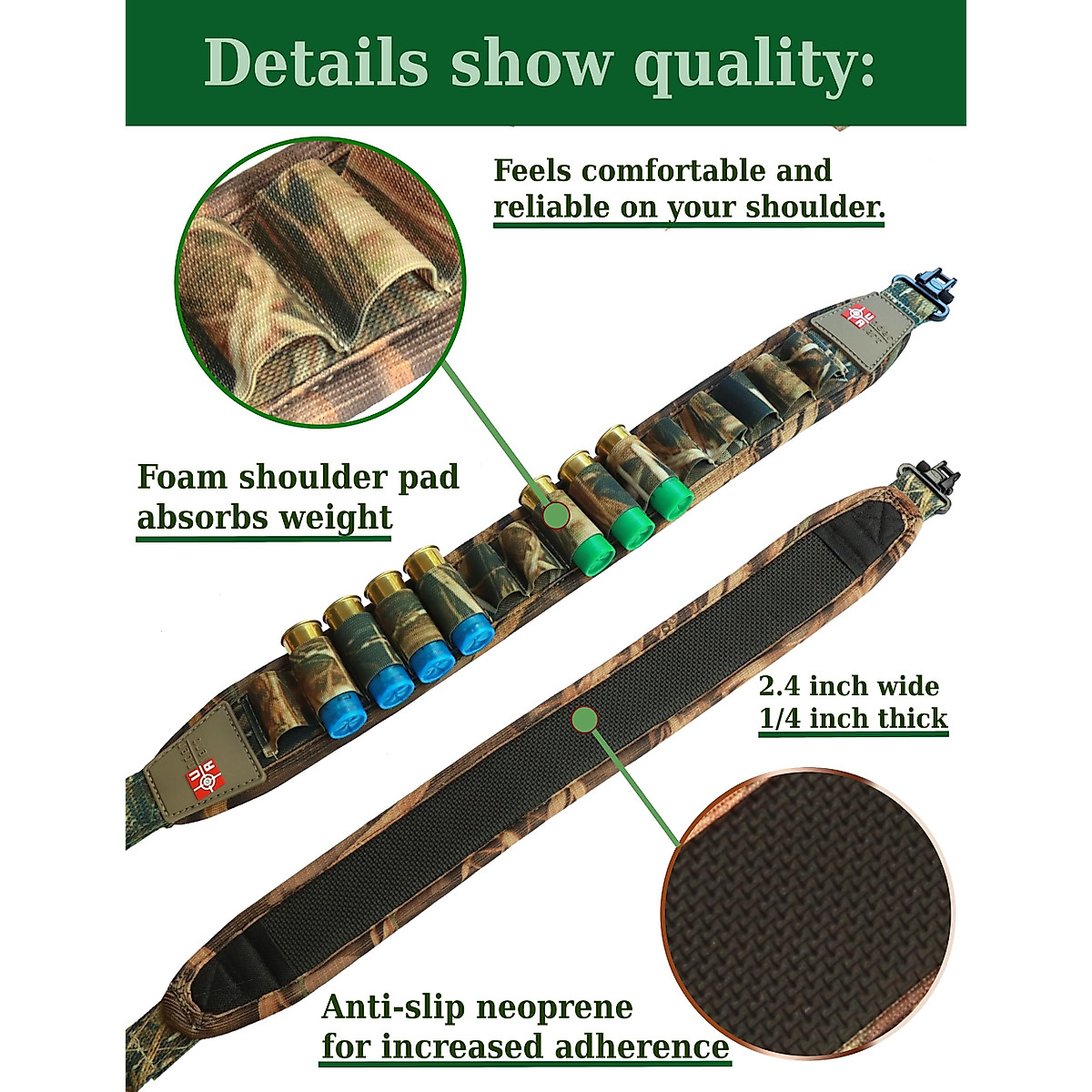 Underalert Shotgun Sling 12 Gauge with 15 Shell Holders, Adjustable Gun Sling with Thumb Loop and Built-in Swivels, 12ga Shotgun Strap for Hunting Turkeys, 2 Point Shot Gun Bandolier (Waterfowl Camo)
