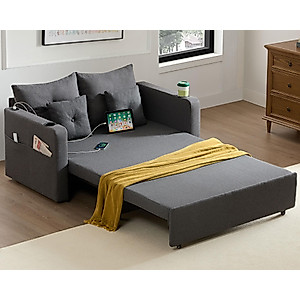 Krcix 3 in 1 Pull Out Couch, 56 Inch Convertible Sleeper Sofa Bed, Loveseat Sofa with Cup Holders, Storage Pockets, USB, Sofa Couches for Living Room, Bedroom, Apartment, Deep Grey