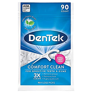 DenTek Comfort Clean Floss Picks for Sensitive Teeth, Soft and Silky Ribbon, 90 Count Each (Pack of 2)
