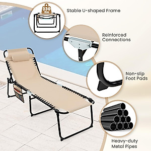 GYMAX Lounge Chairs for Outside, Extra High Folding Beach Tanning Lounger with Adjustable Backrest, Footrest & Removable Pillow, Sunbathing Lounge for Patio, Poolside (1, Sand with Pocket)