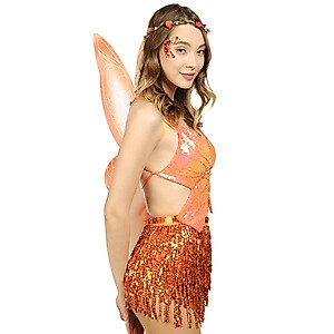 Funcredible Fairy Costume Accessories - Orange Fairy Wings and Flower Crown, Glitter - Tooth Fairy Cosplay Outfit for Women and Girls