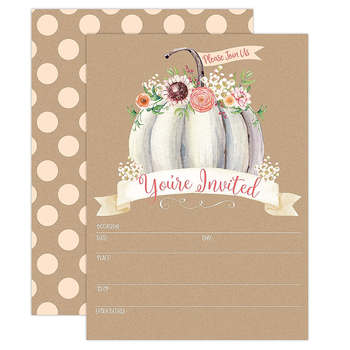 Pumpkin Fall Baby Shower Invitations, A6 Envelopes Included, 20 Count Pack, Premium Heavy-weight Card Stock, Two Sided, Autumn Floral Design, Pink and Gold Color