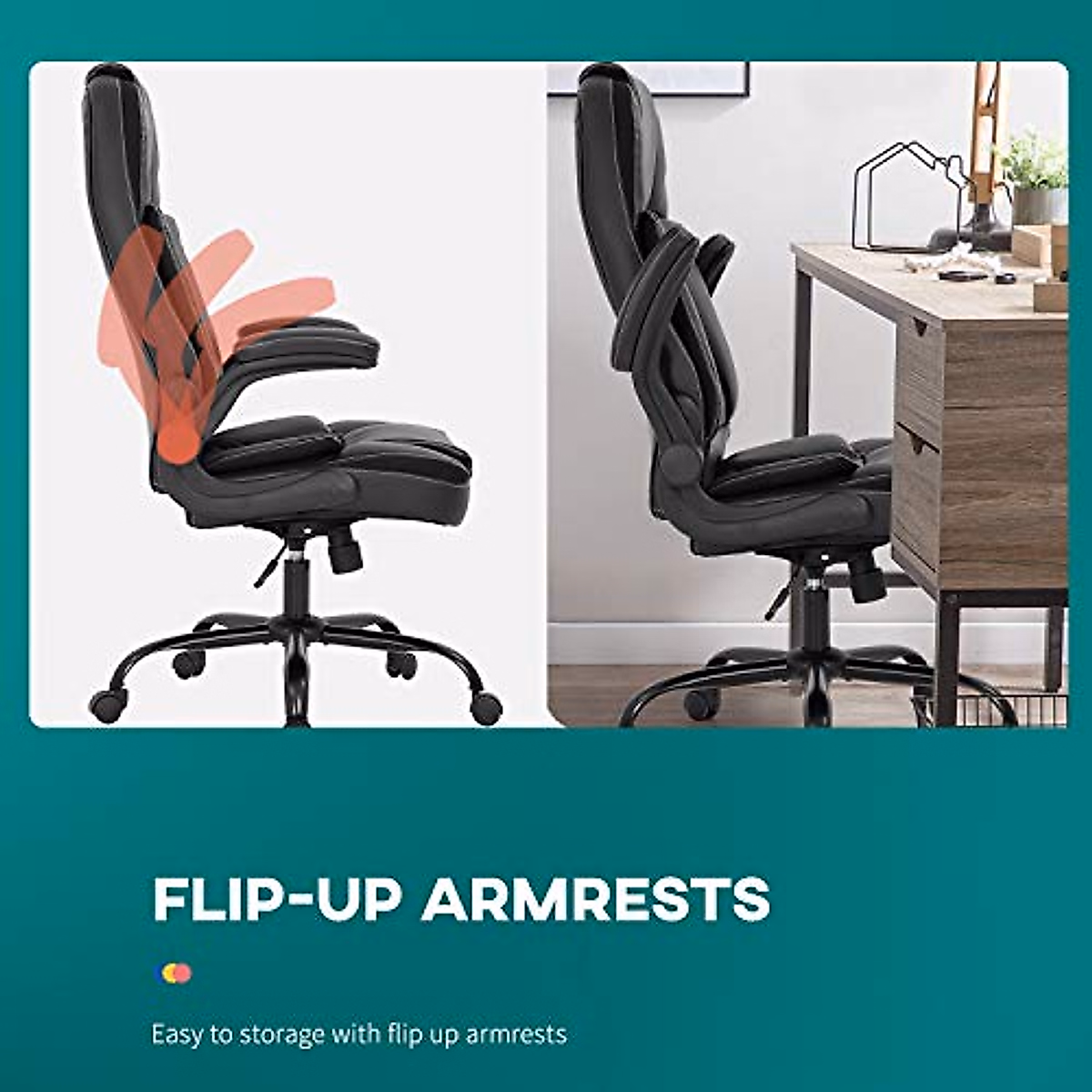 Office Chair Ergonomic Desk Chair PU Leather Computer Chair with Lumbar Support Flip up Armrest Task Chair Rolling Swivel Executive Chair(Black)