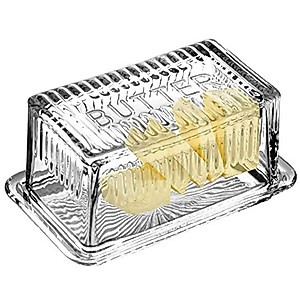 Bezrat Glass Butter Dish with Lid - Butter keeper - 100% Food Safe - Dishwasher Safe - Antique Look with the word "BUTTER" engraved on top - Fits East and West Coast butter sticks