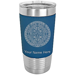 LaserGram 20oz Vacuum Insulated Tumbler Mug, Aztec Calendar, Personalized Engraving Included (Faux Leather, Blue)